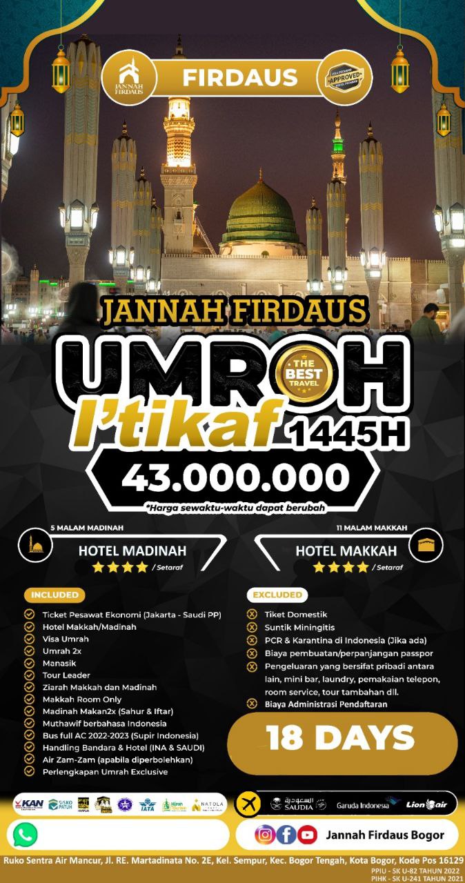 Umroh Ramadhan Itikaf Paket Firdaus 1445 H Jannah Firdaus 18 Hari